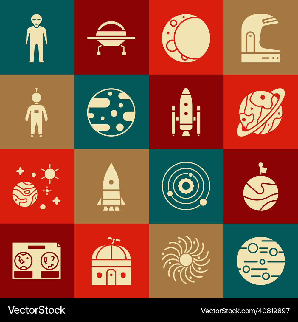 Set planet mars moon with flag saturn astronaut Vector Image