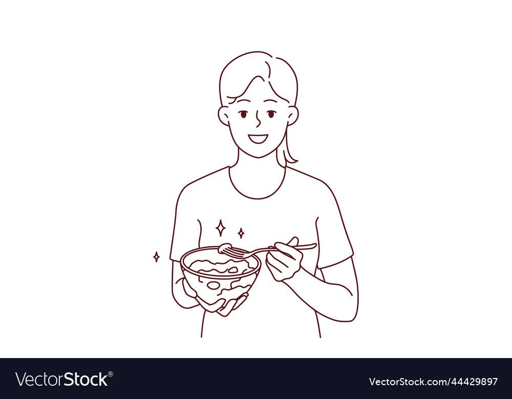 Smiling Woman Eating Healthy Vegetable Salad Vector Image