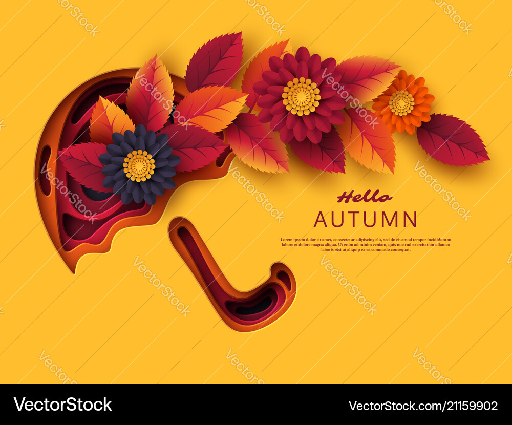 Autumn 3d paper cut umbrella with leaves Vector Image