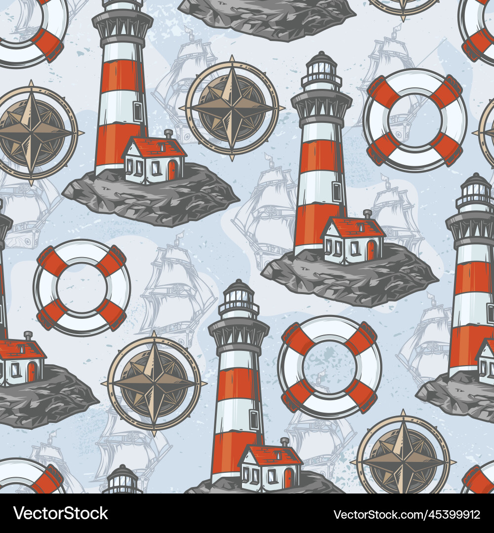 Marine lighthouses colorful seamless pattern Vector Image