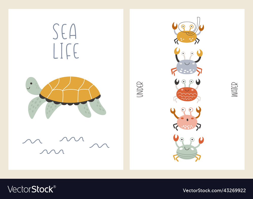 Cute set of marine posters with underwater animals