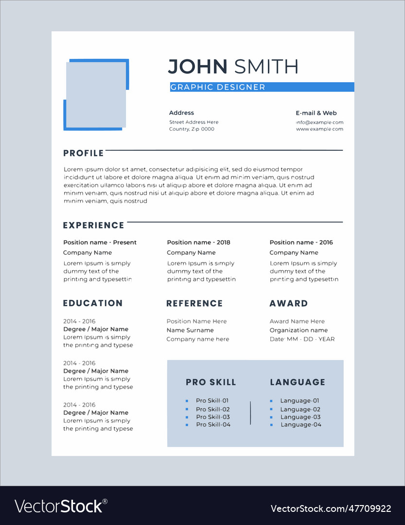 Professional resume template with blue background Vector Image