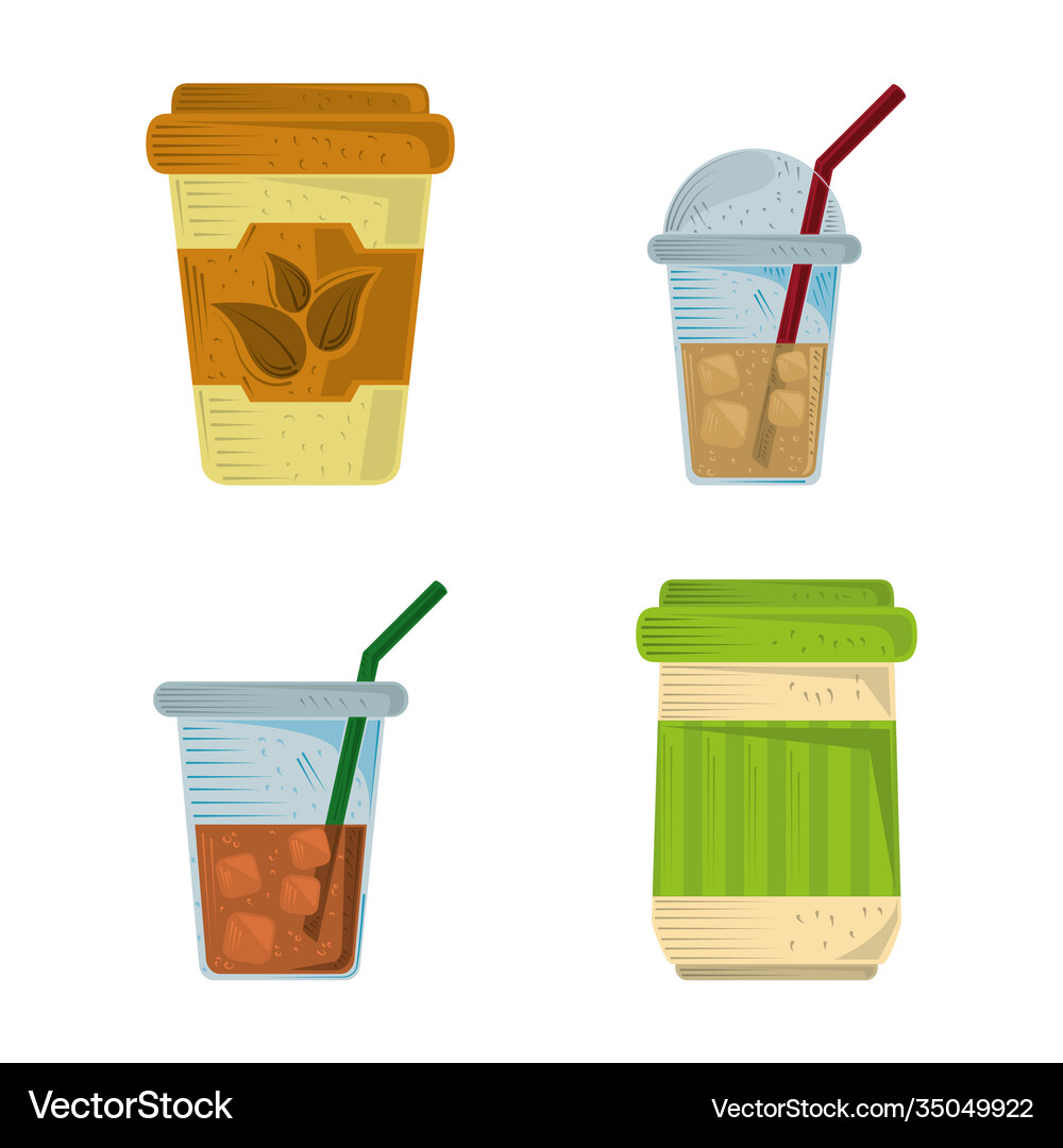 Tea disposable takeaway cups and container icons Vector Image