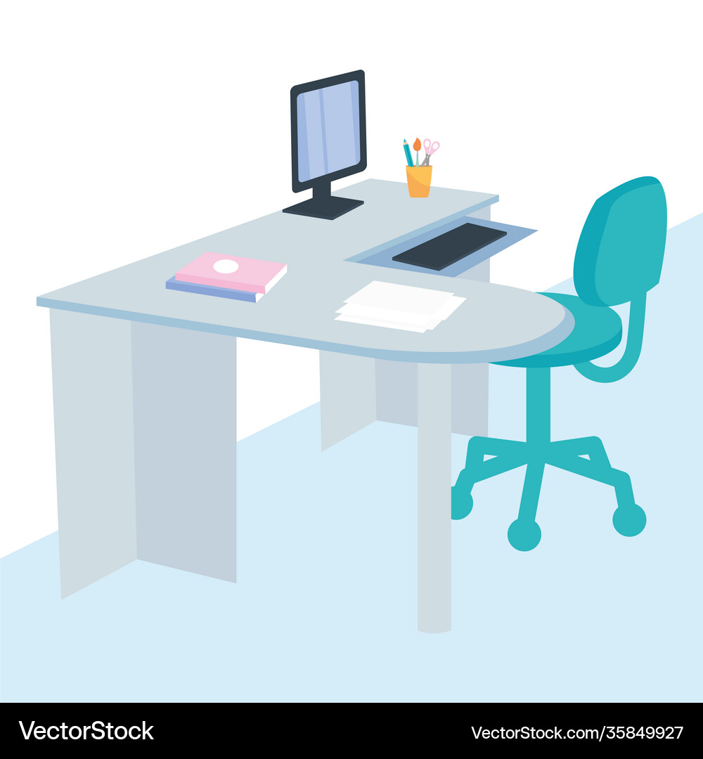 Corner desk with computer books and paper files Vector Image