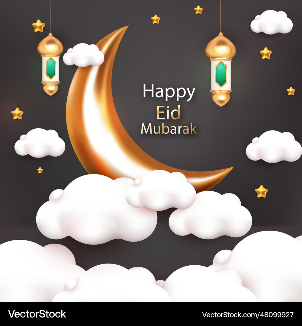 Happy eid mubarak greeting card with 3d moon Vector Image