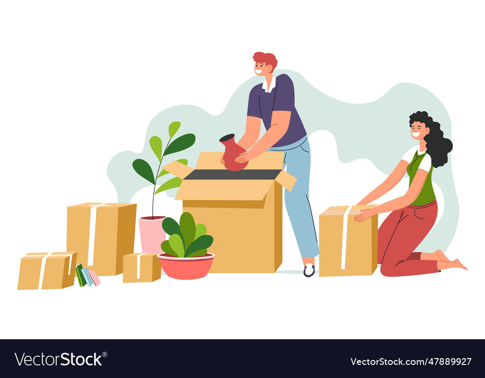 Man and woman moving in unpacking boxes in flat Vector Image