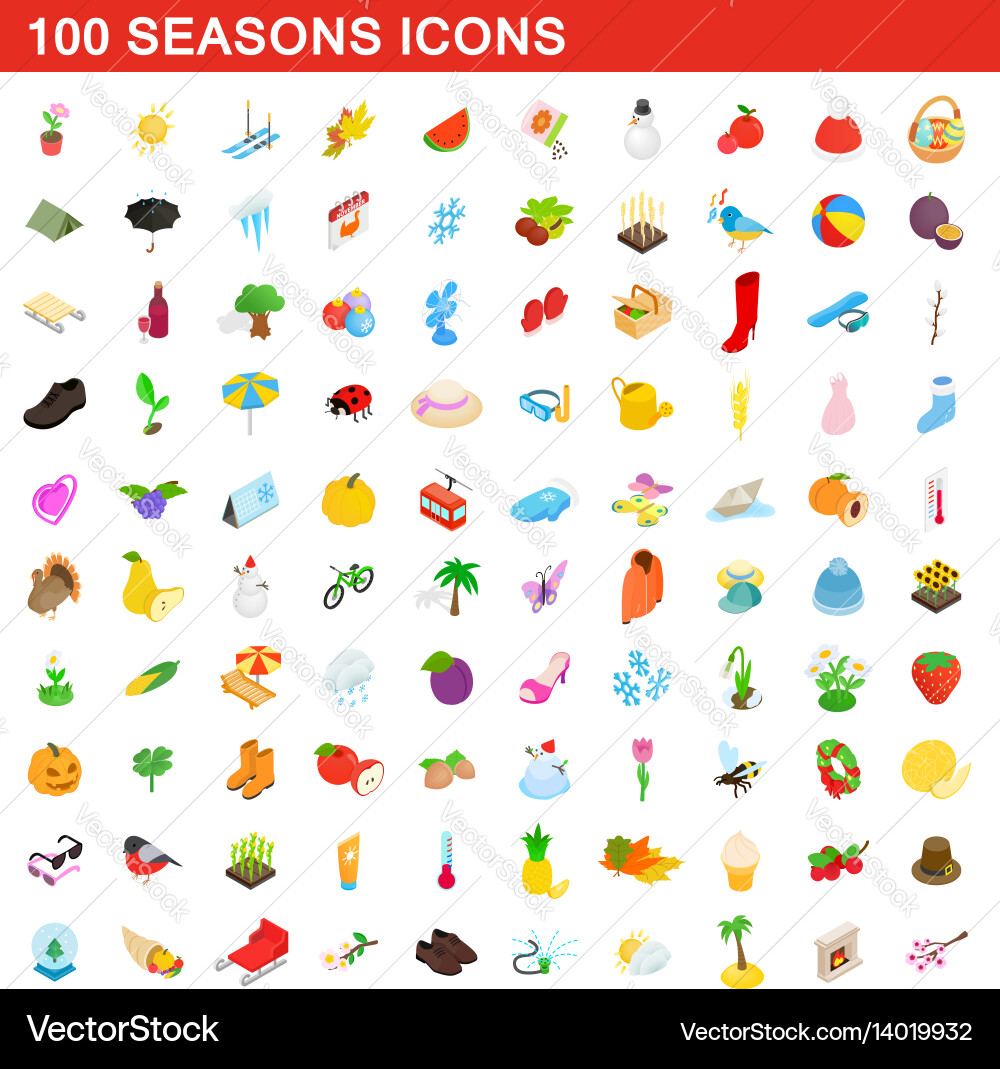 100 seasons icons set isometric 3d style Vector Image