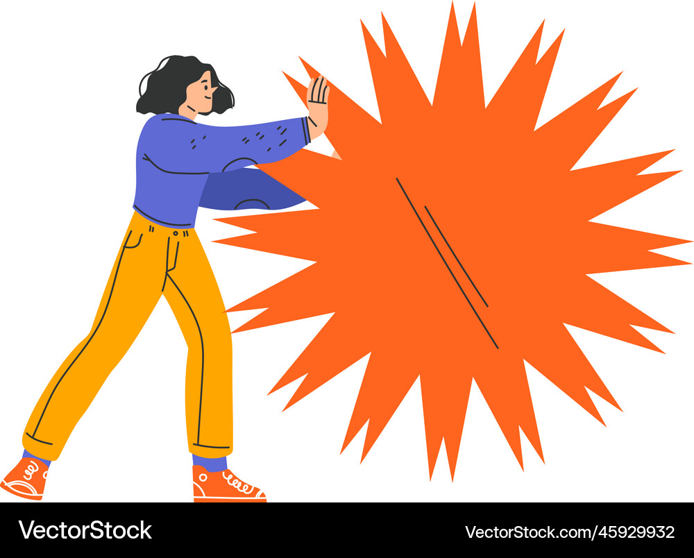 Woman character pushing big orange shape Vector Image