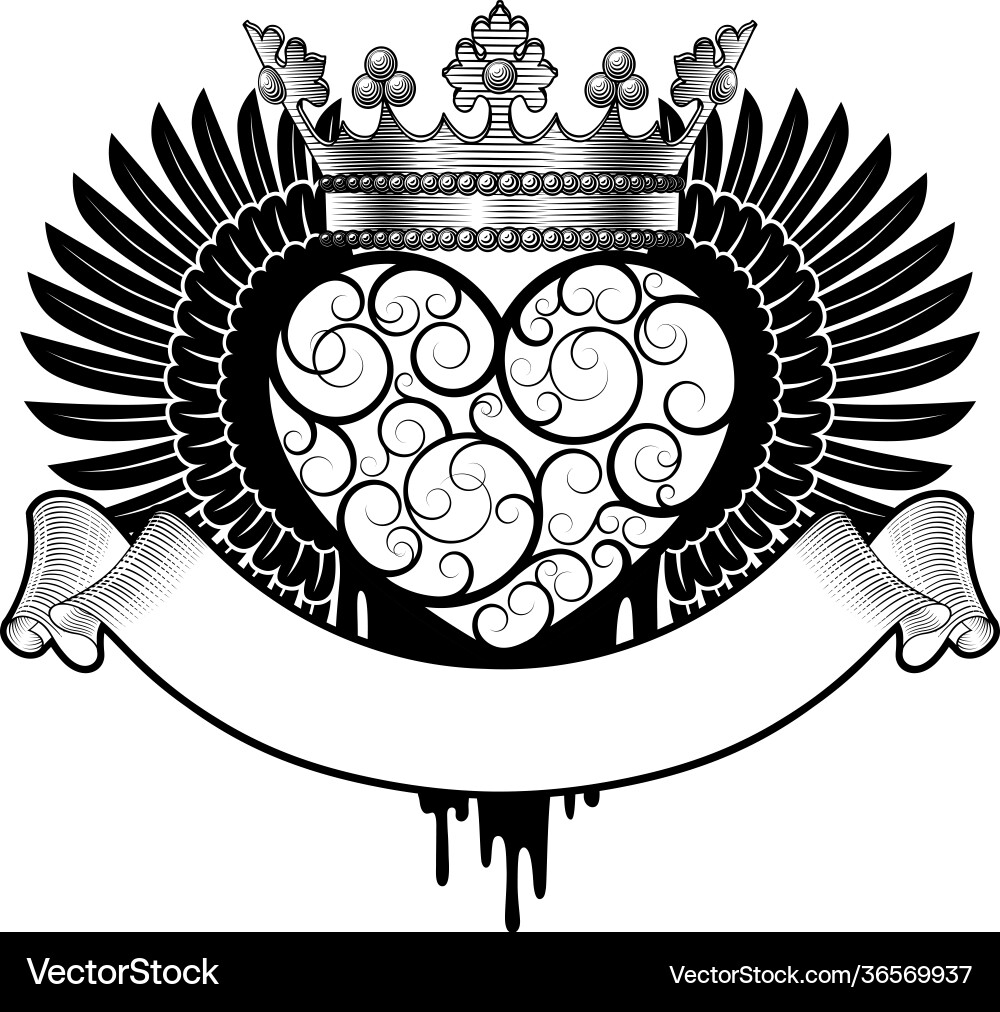 Engraved decorative heart with wings crown Vector Image