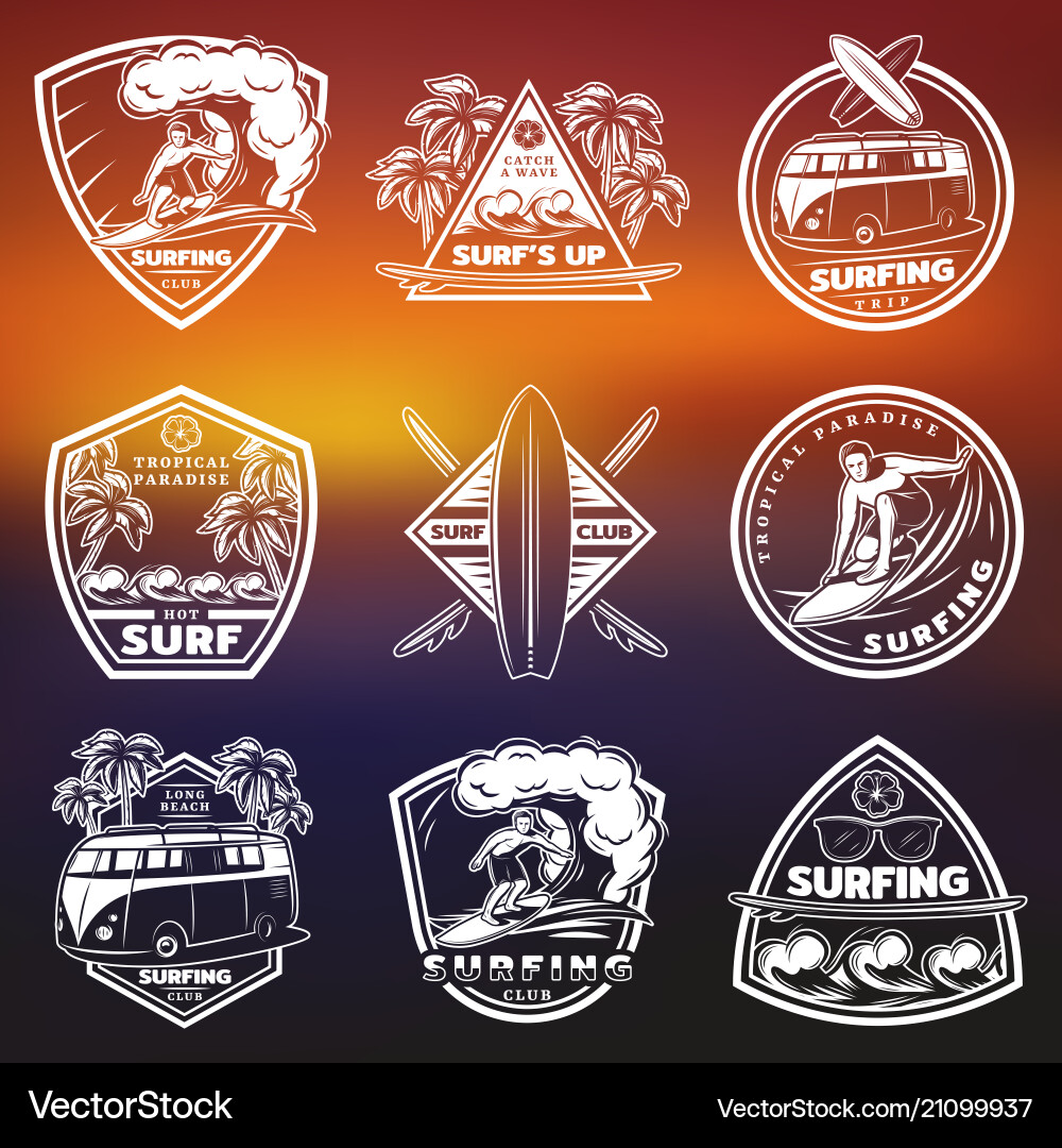 Vintage white surfing labels set Royalty Free Vector Image