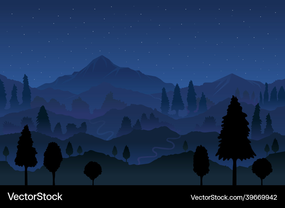 Mountain and forest at night landscape background Vector Image