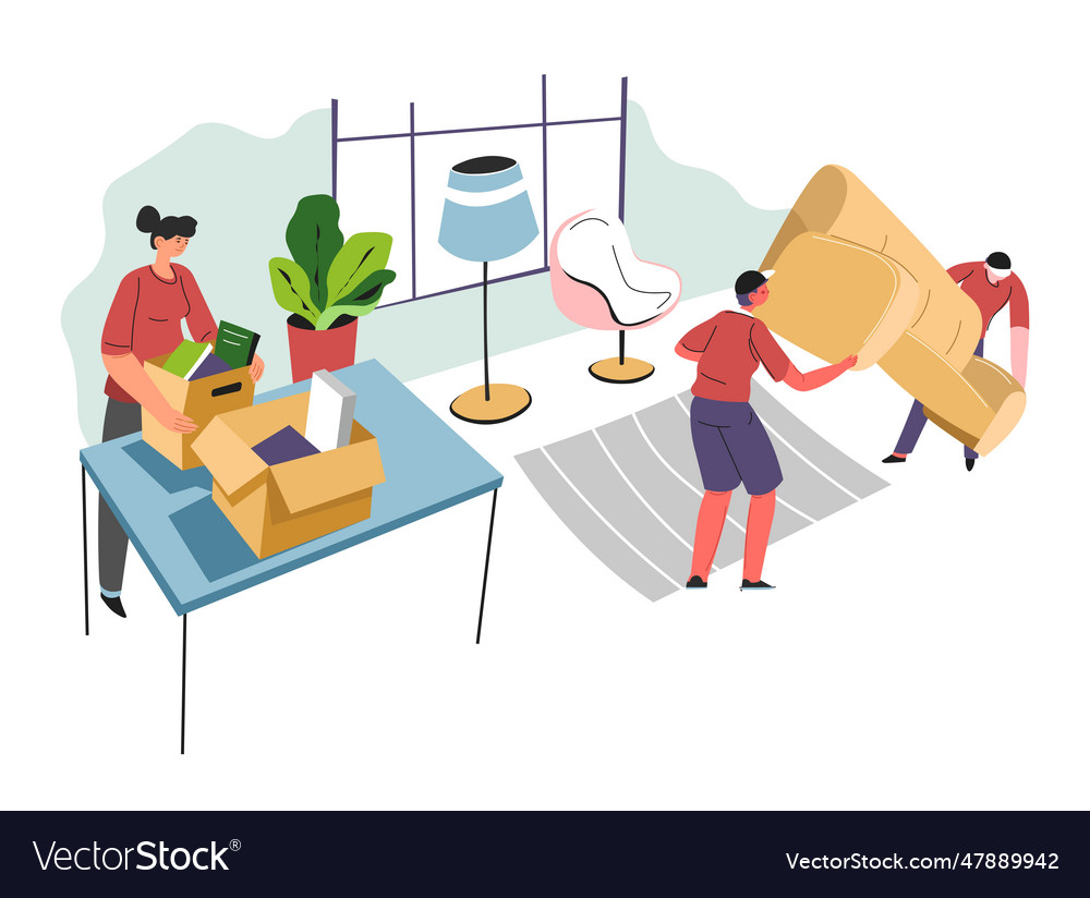 Moving in and unpacking carton boxes in new flat Vector Image