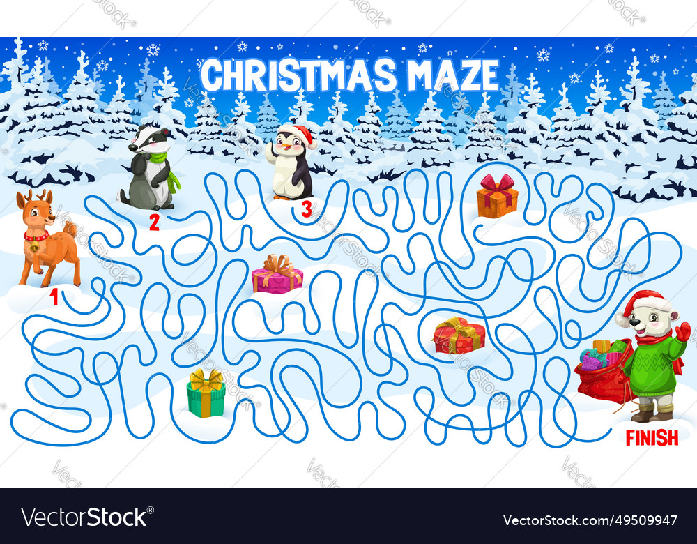 Christmas labyrinth maze game animals and gifts Vector Image