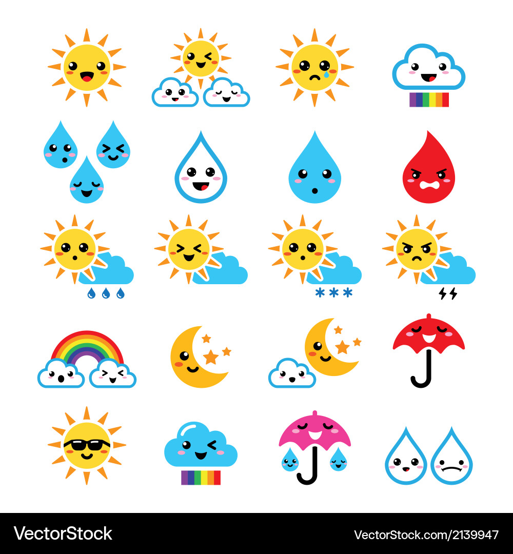 Cute sun rainbow moon rain and cloud - Kawaii Vector Image