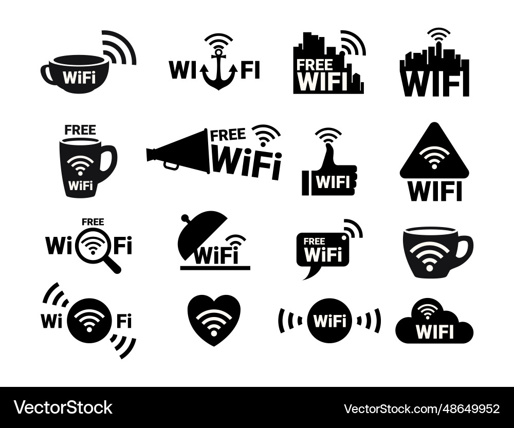 Free wifi black monochrome icon set wireless Vector Image