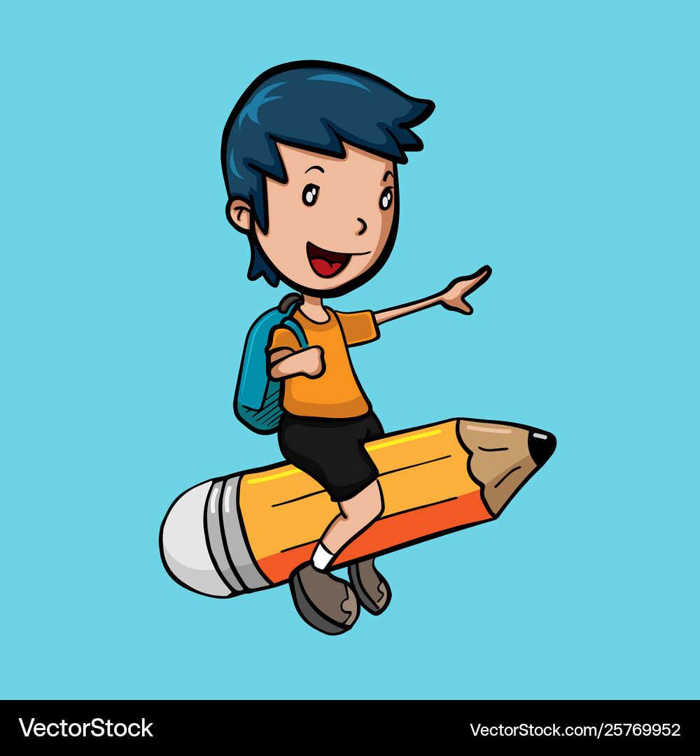 Kids boy character ride pencil Royalty Free Vector Image