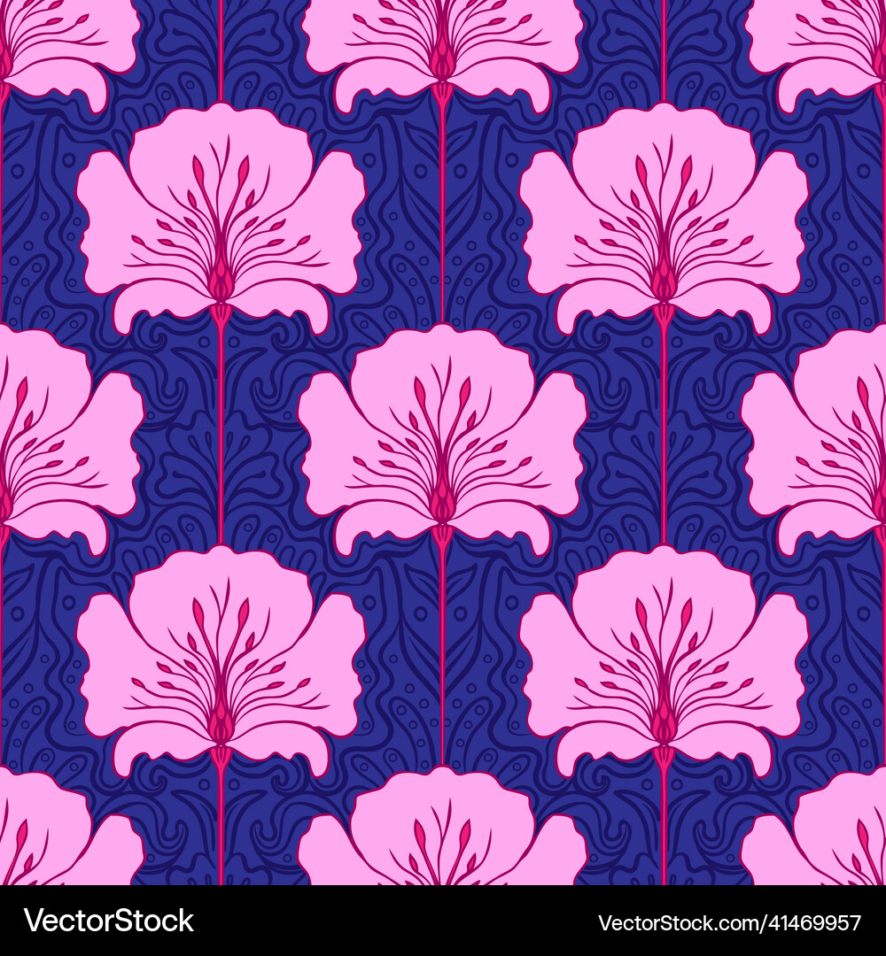 Black and white seamless pattern with pink flowers