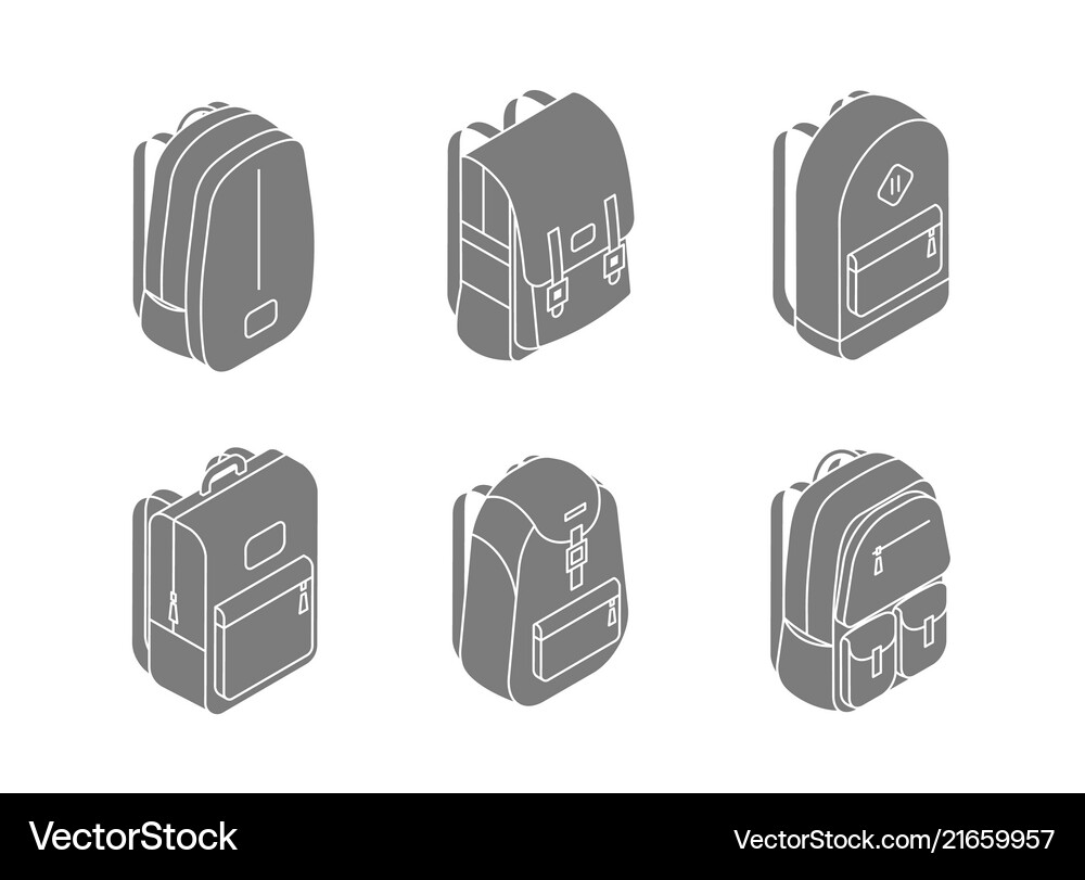 Set backpacks isometric icons in 3d design Vector Image