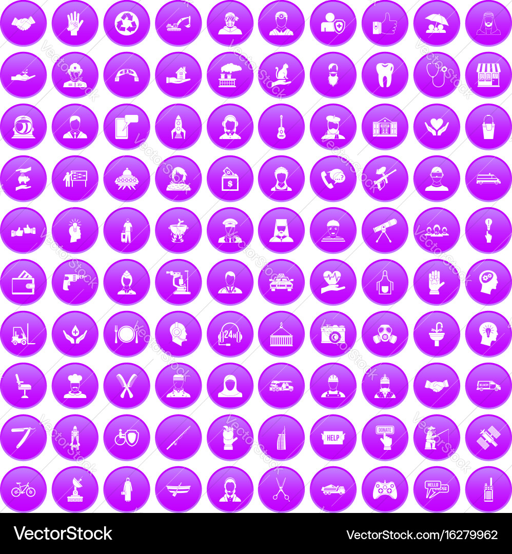 100 human resources icons set purple Royalty Free Vector