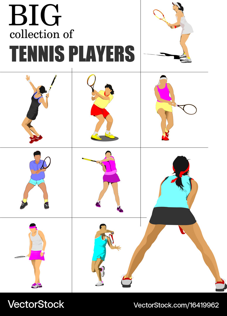 Big collection tennis players colored Royalty Free Vector
