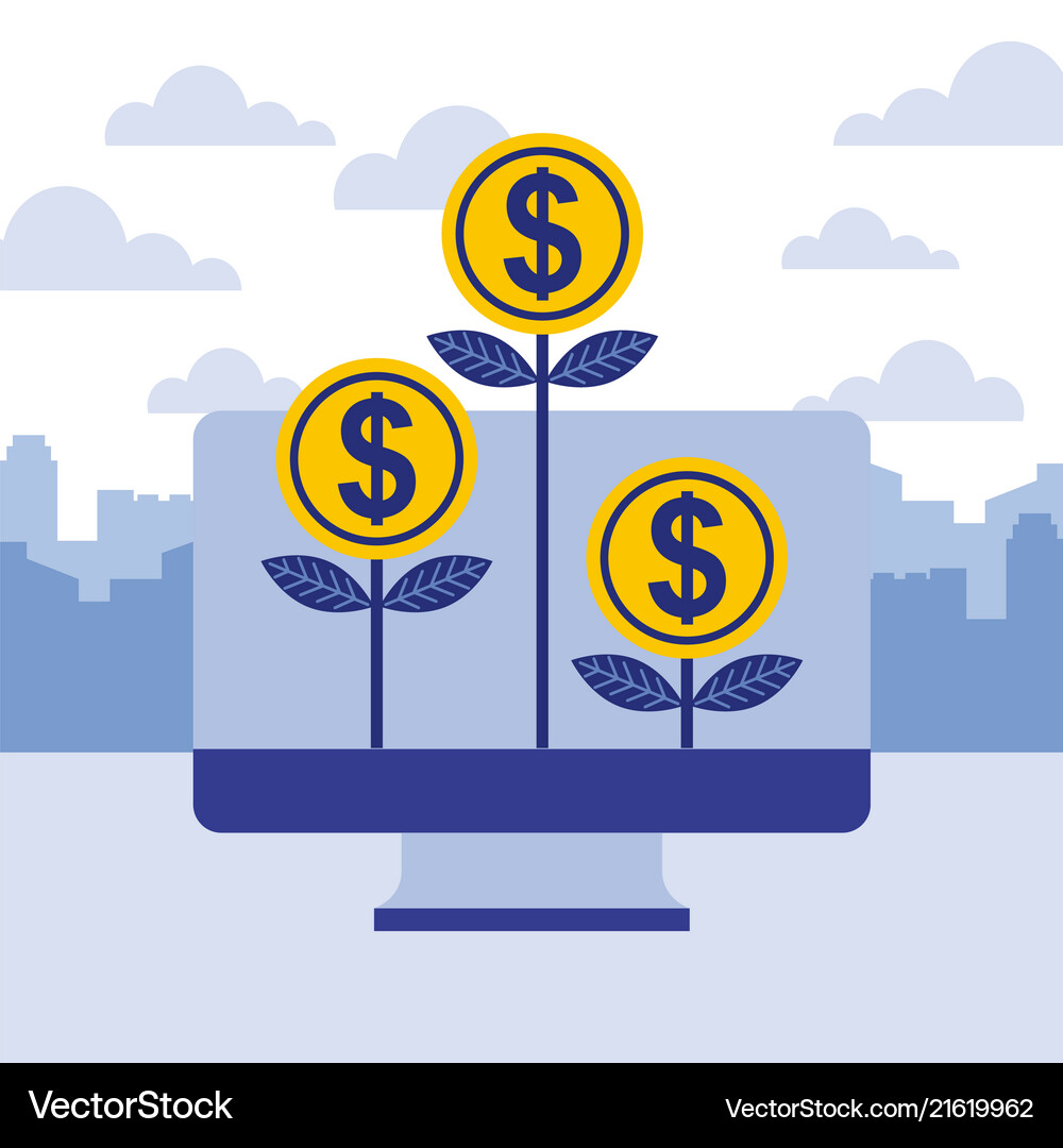Computer plants growth coins money business Vector Image