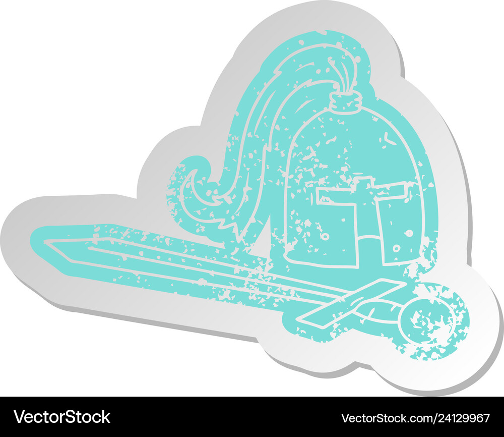 Distressed old sticker of a medieval helmet Vector Image