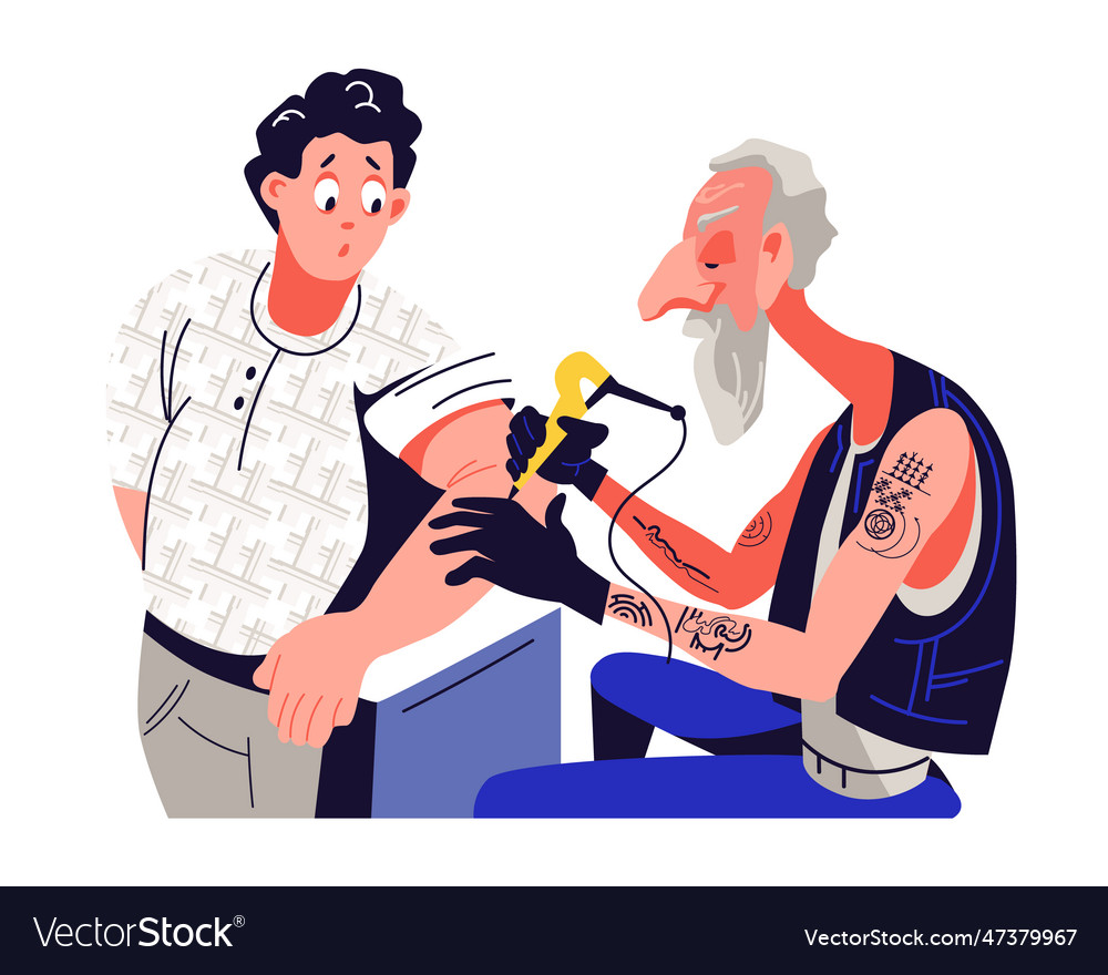 Old experienced master makes tattoo for newbie Vector Image Old experienced master makes tattoo for newbie Vector Image