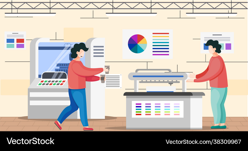 Printing company employees working with machine Vector Image