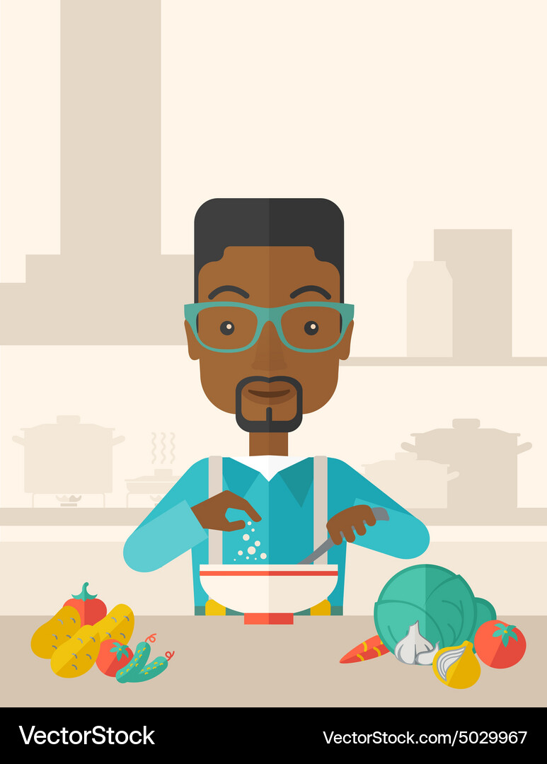 Young black guy is eating salad for lunch Vector Image