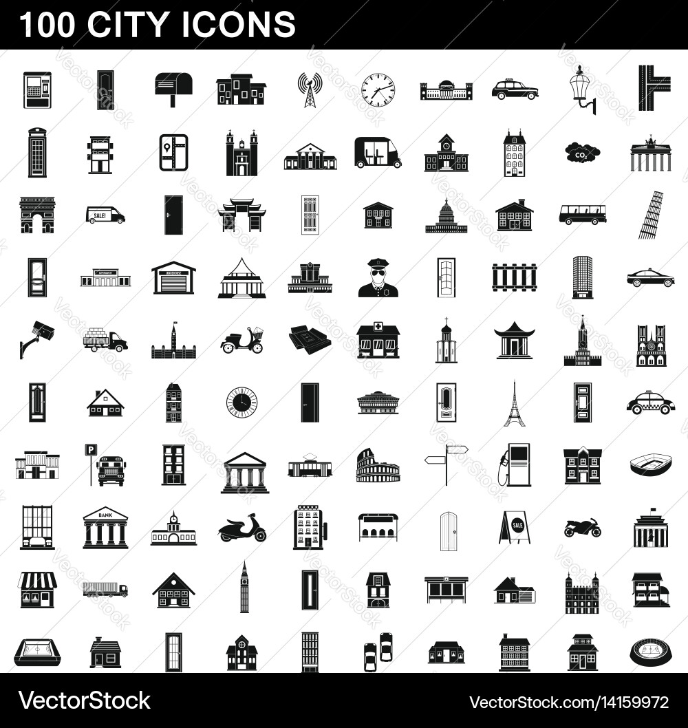 100 city icons set simple style Royalty Free Vector Image