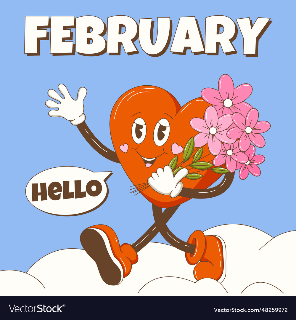 Hello february retro groovy heart character Vector Image
