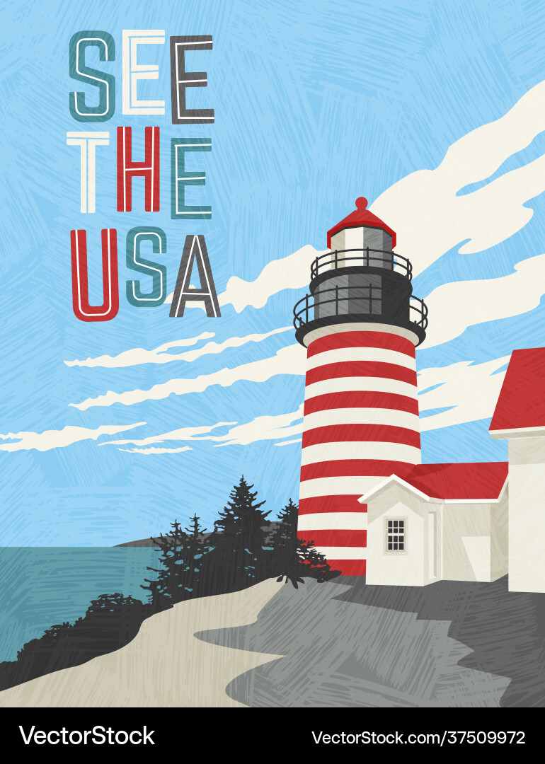 Retro travel poster design lighthouse Royalty Free Vector