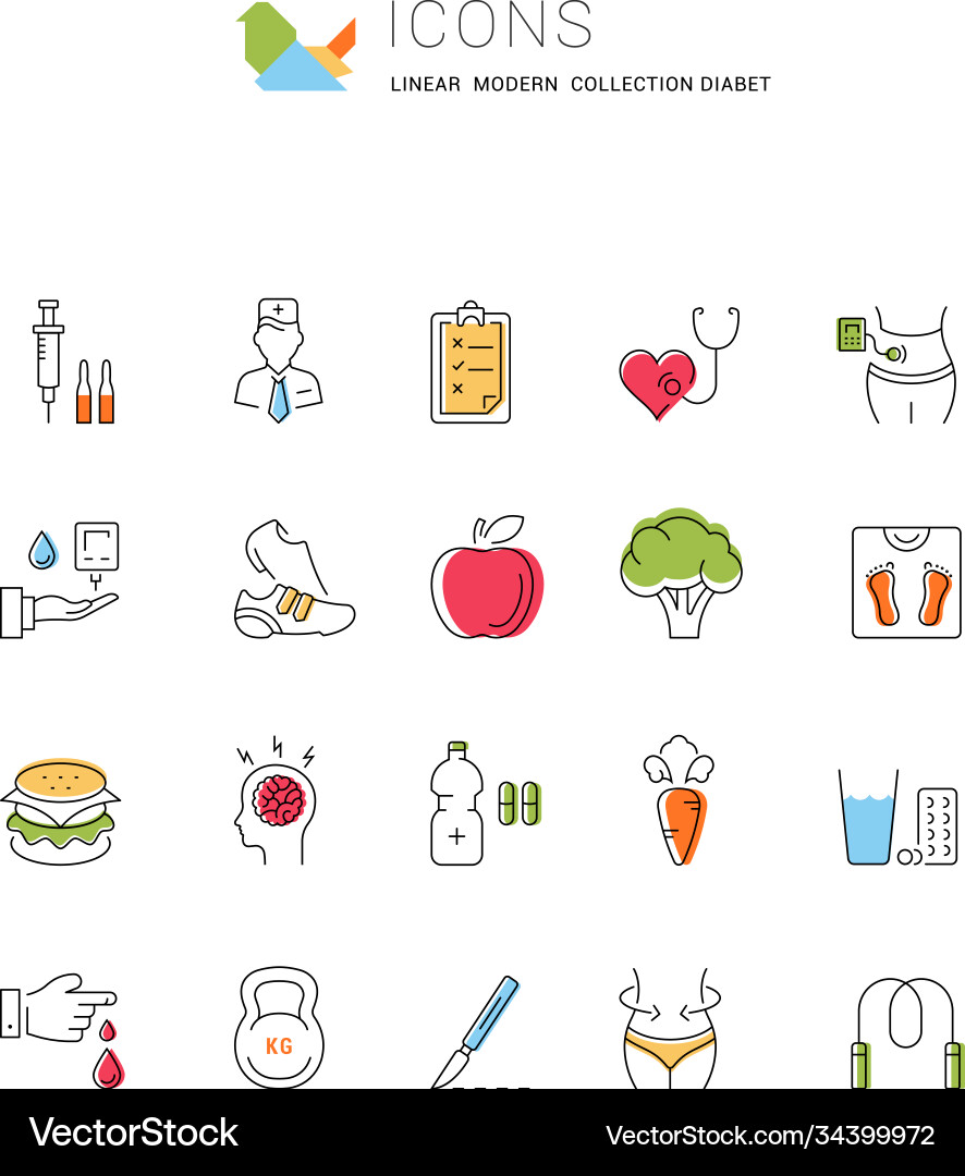 Set flat line icons diabet Royalty Free Vector Image