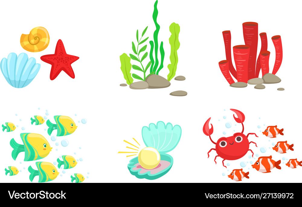 Underwater world elements set tropical fishes Vector Image