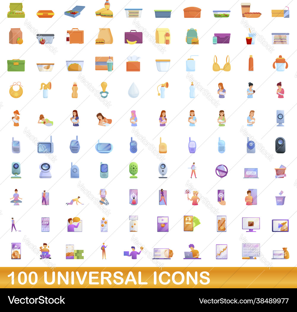 100 universal icons set cartoon style Royalty Free Vector