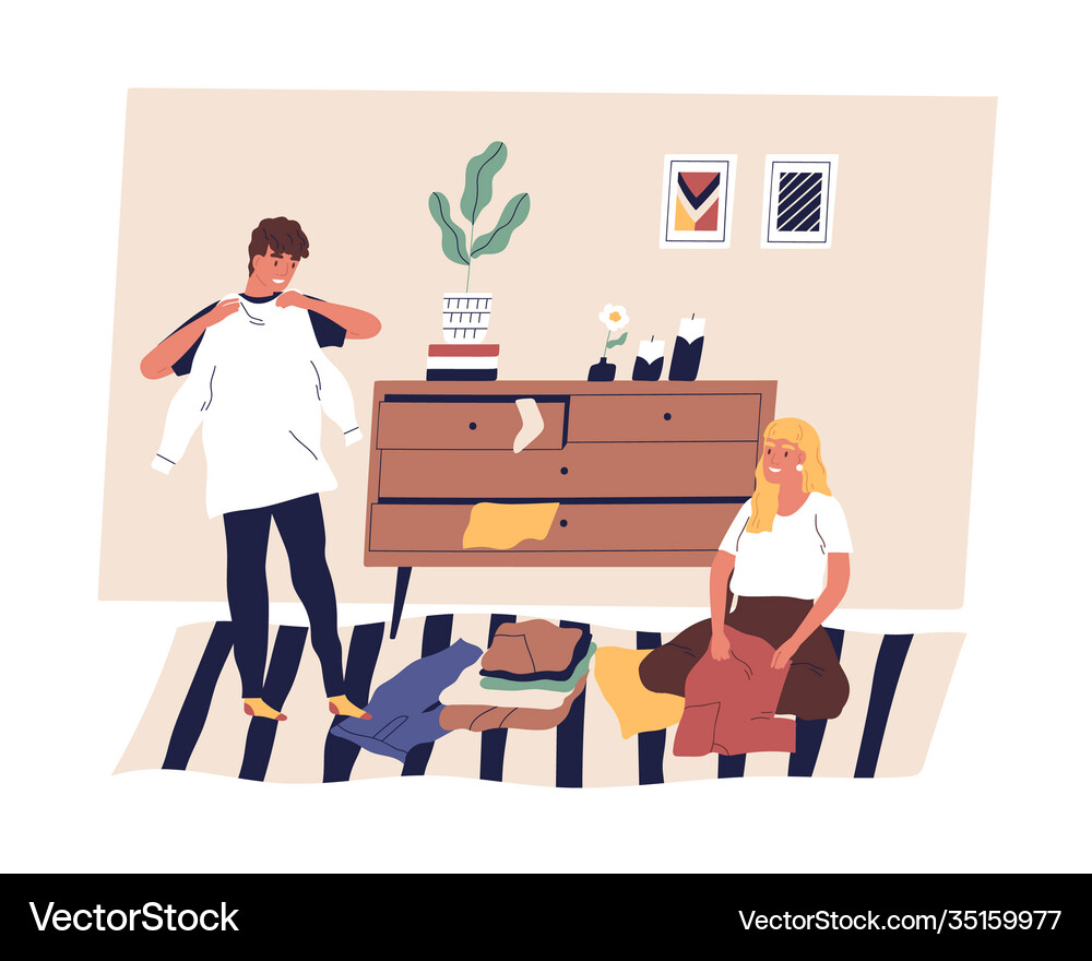 Family couple sorting folding and organizing Vector Image
