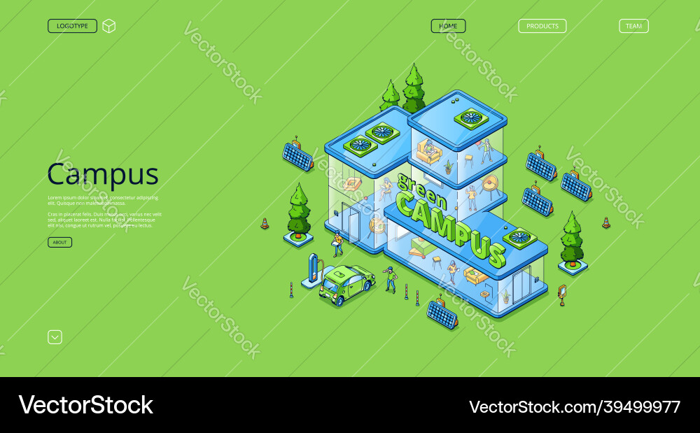 Green campus isometric landing page people work Vector Image
