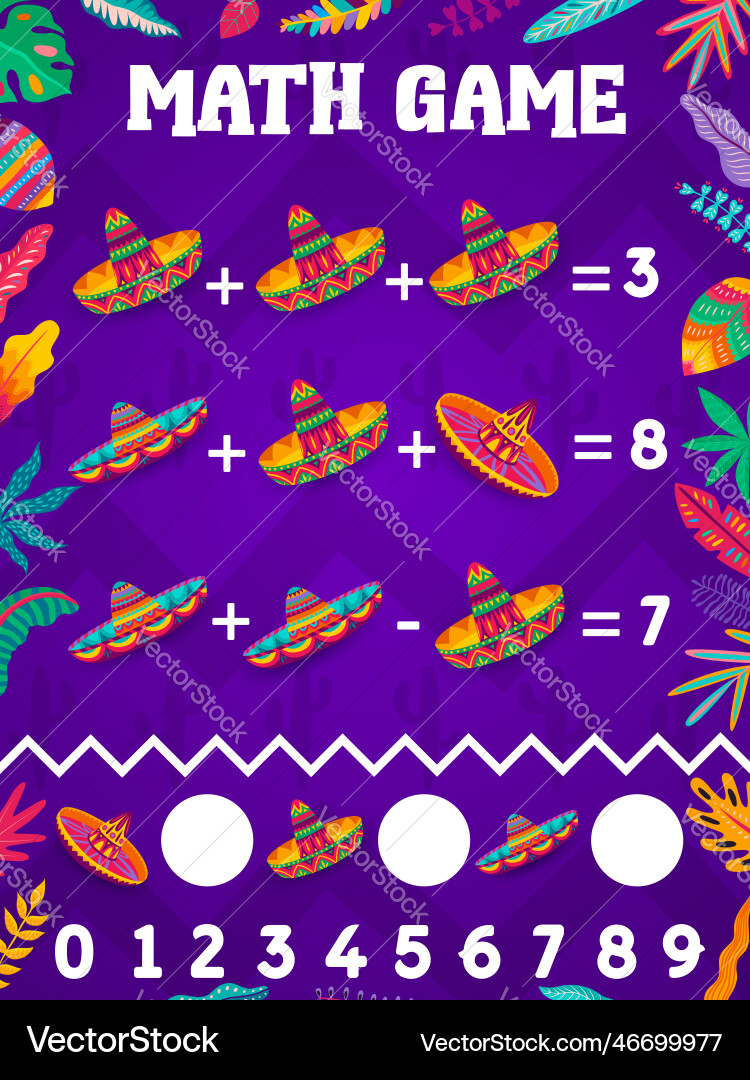 Math game worksheet mexican sombrero hats flowers Vector Image