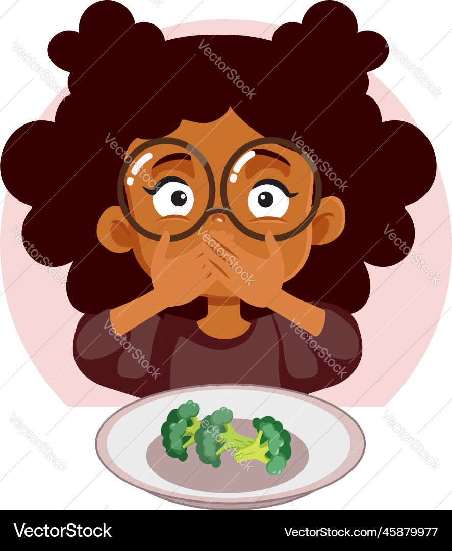 Picky eater hating broccoli covering her mouth Vector Image