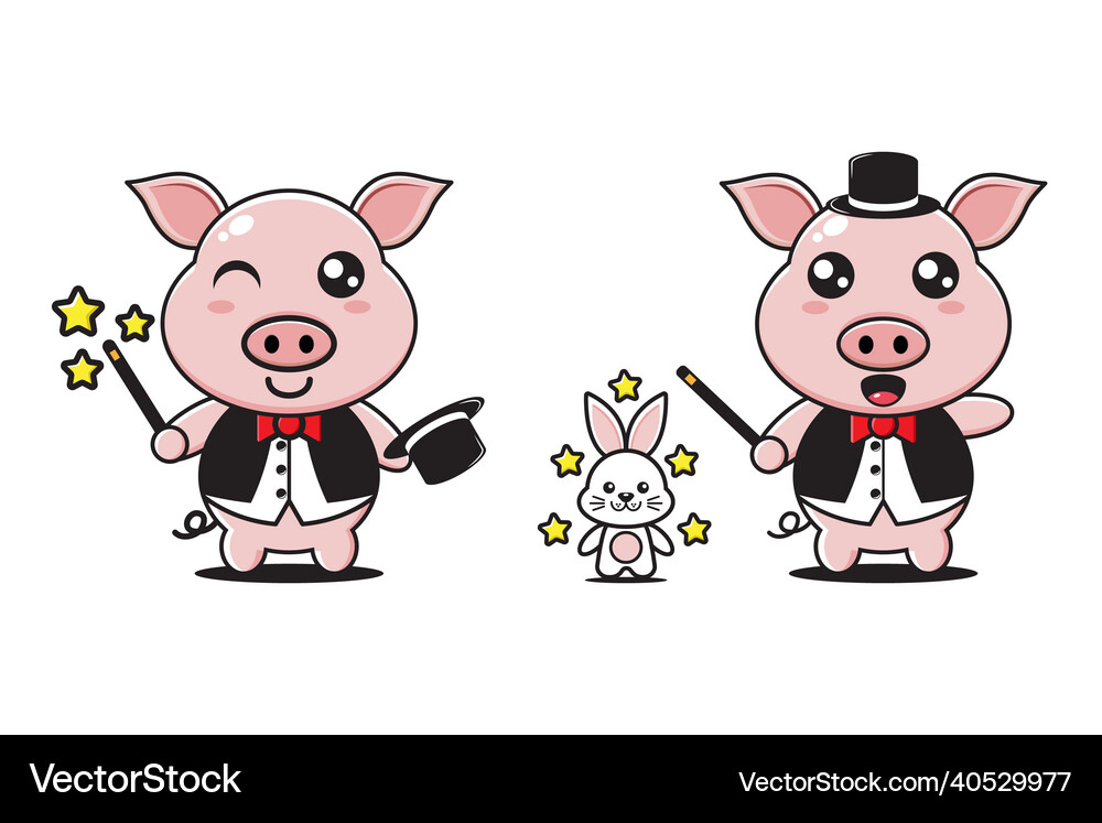 Pig magician cute character set Royalty Free Vector Image