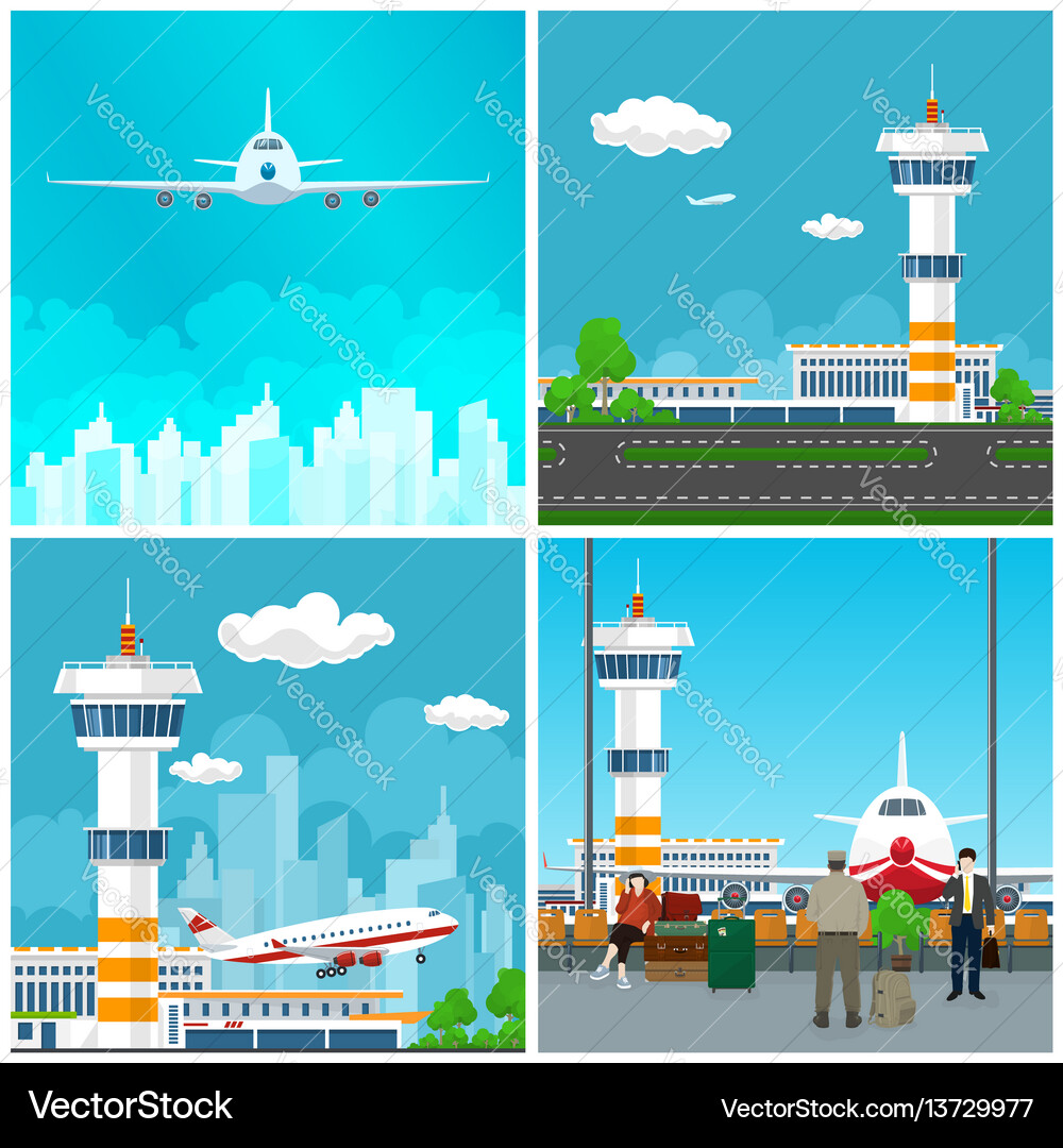 Runway at airport with control tower Royalty Free Vector