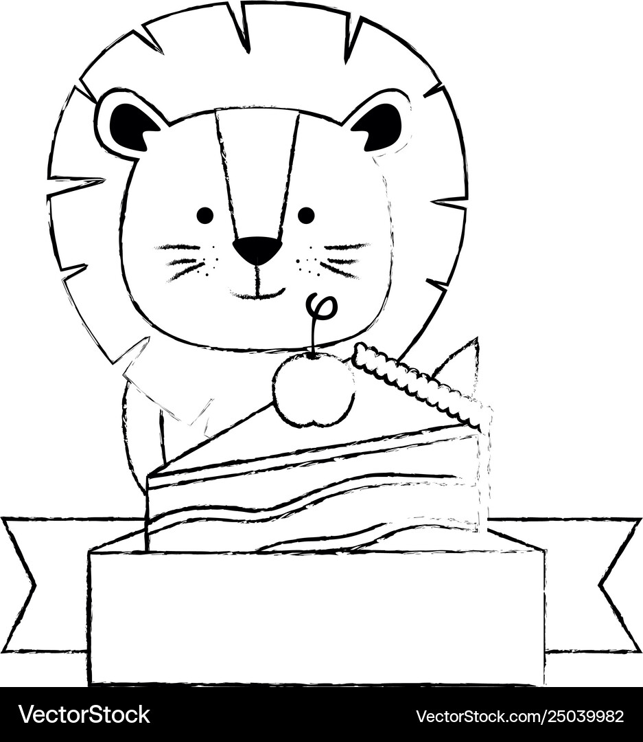 Cute lion with sweet cake portion character Vector Image