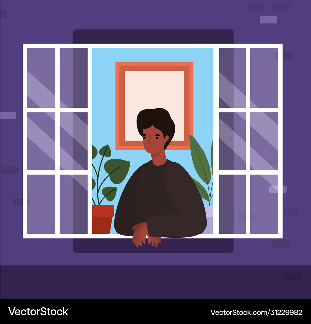 Man looking out window from purple house Vector Image