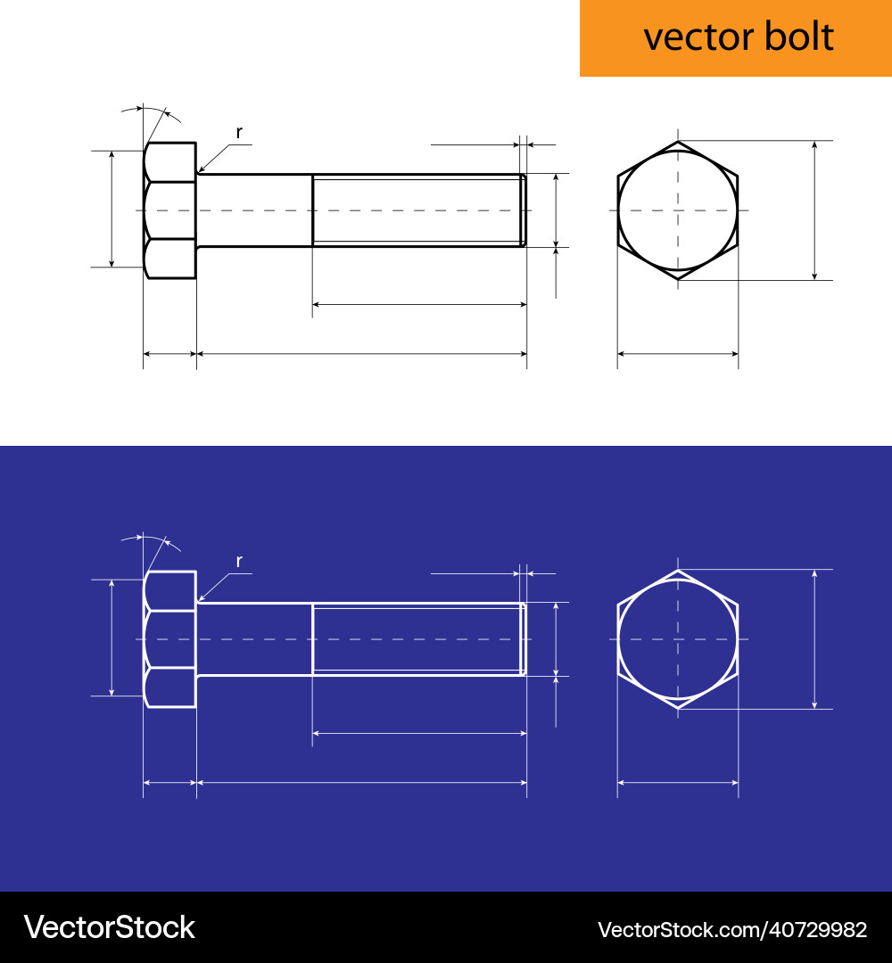Technical drawing of the bolt in projection Vector Image