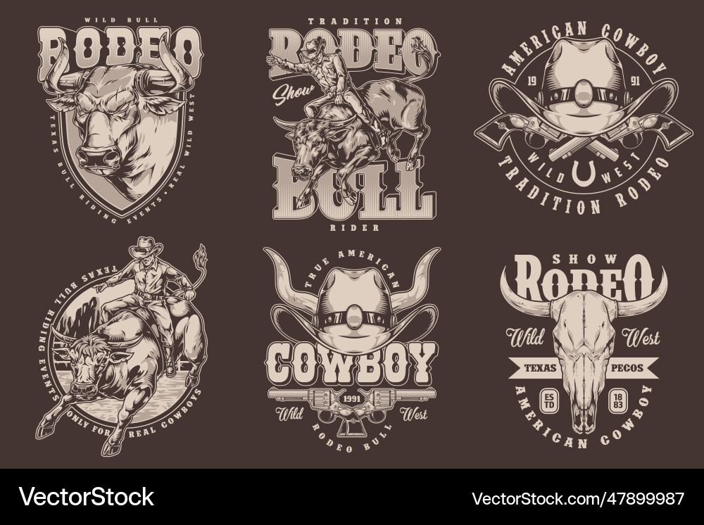 Bull rodeo monochrome set stickers Royalty Free Vector Image