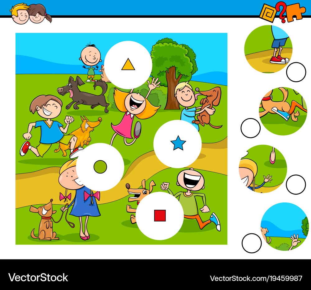 Match pieces puzzle with kids and pets Royalty Free Vector