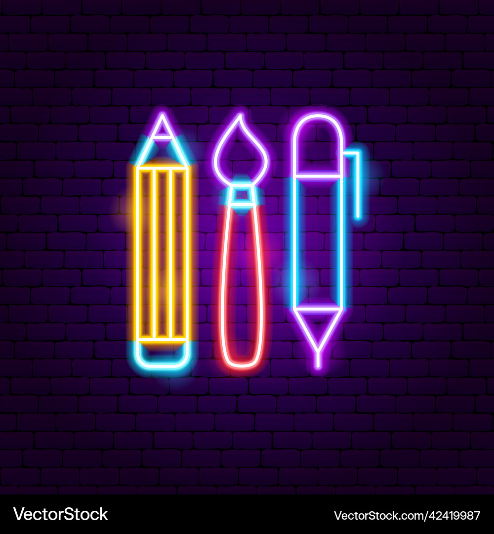 Pen pencil brush neon sign Royalty Free Vector Image