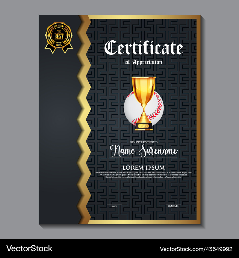 Baseball certificate design with gold cup set Vector Image