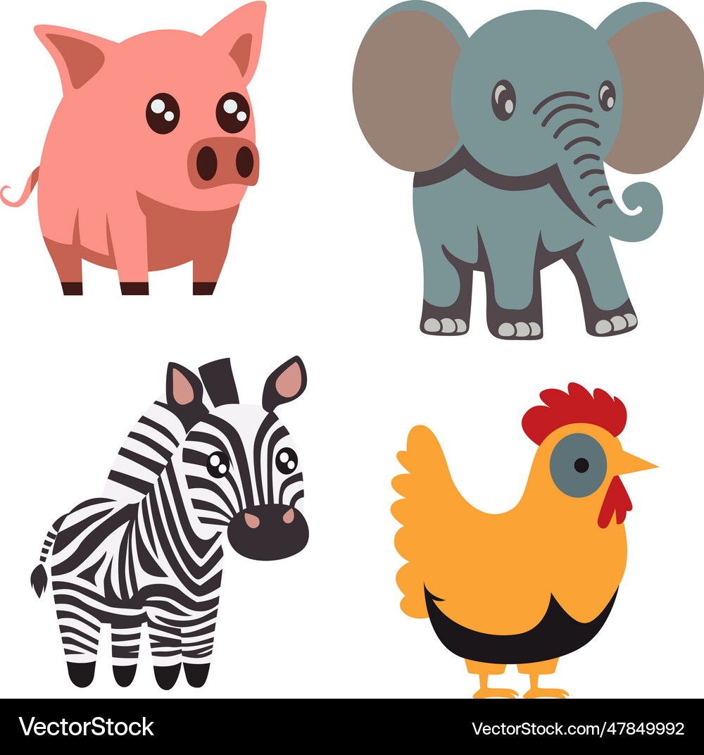 Pig elephant zebra hen cute animal bundle Vector Image