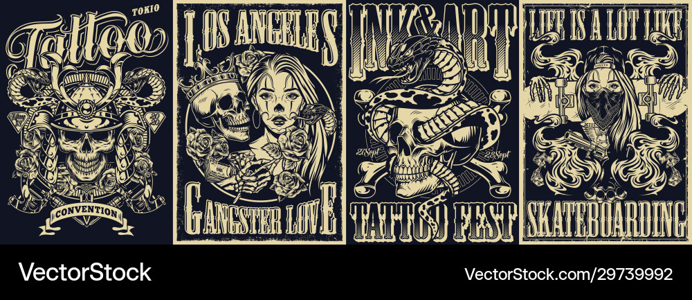 Vintage tattoo monochrome posters set Royalty Free Vector